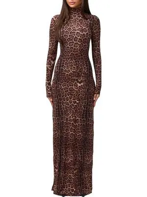 Naked Wardrobe Leopard Print Long Sleeve Maxi Dress - Brown Leopard