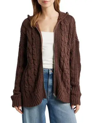 PACSUN Cable Knit Zip-up Hooded Sweater - Brown