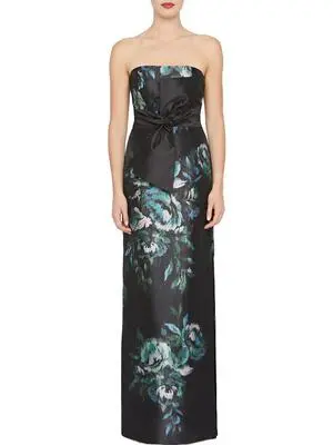 KAY UNGER Floral Bow Detail Strapless Column Gown - Black/deep Green