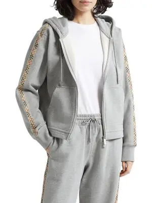 Burberry Harper Check Tape French Terry Full-zip Hoodie - Pale Grey Melange