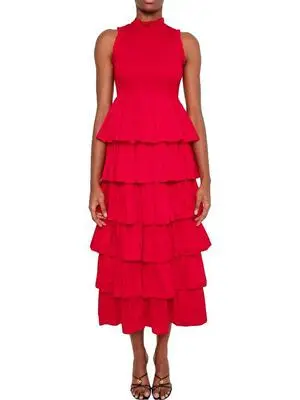 THE LULO PROJECT The Reign Smocked Tiered Ruffle Maxi Dress - Red 09