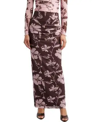 PETAL & PUP Navida Ruched Mesh Midi Skirt - Pink Brown Floral