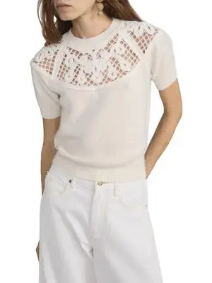 FRAME Lace Gathered Cashmere Short Sleeve Sweater - Cream