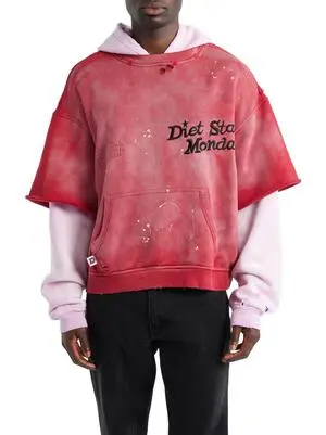 DIET STARTS MONDAY Double Layer Distressed Hoodie - Washed Red/pink