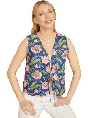 YUMI Floral Reversible Quilted Vest Jacket - Navy