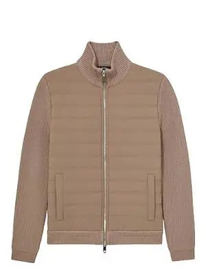 REISS Funnel-neck Quilted Knitted Jacket - Taupe Brown