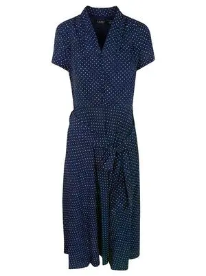 Ralph Lauren Polka Dot Tie Midi Dress - Blue