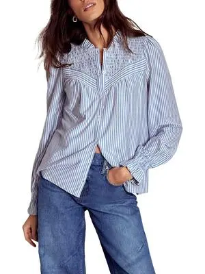 Boden Striped Smocked Yoke Button-up Blouse - Blue And Ivory Stripe
