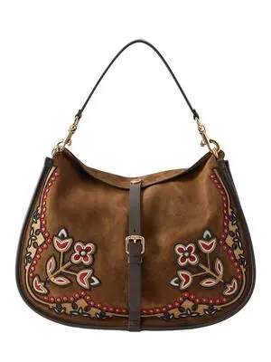 Etro Embroidered Leather-trimmed Suede Shoulder Bag - Brown