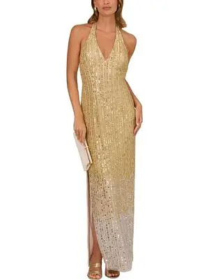 Adrianna Papell Beaded Halter Gown - Silver/gold