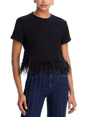 Cinq À Sept Short Sleeve Feather Trimmed Top - Black