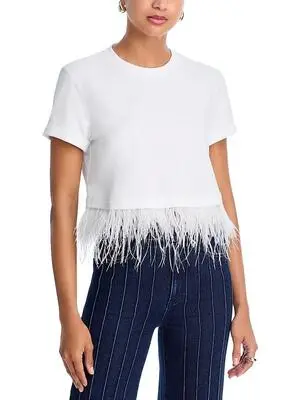 Cinq À Sept Short Sleeve Feather Trimmed Top - White