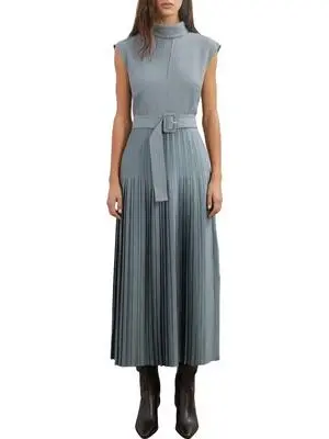 REISS Belted Pleated Maxi Dress - Blue
