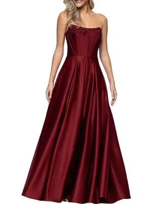 BLONDIE NITES Satin Corset Strapless Gown - Wine