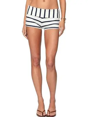 EDIKTED Lorenza Stripe Foldover Shorts - Navy-and-white