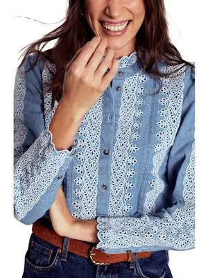 BODEN Embroidered Denim Button-Up Blouse