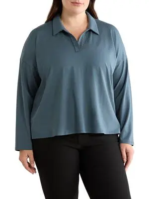 Eileen Fisher Boxy Henley Jersey Top - Eucalyptus