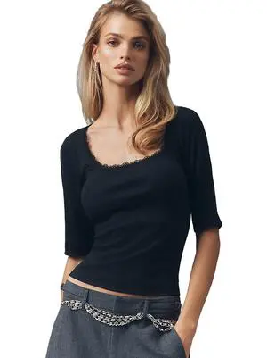 Maeve Lace-trimmed Three-quarter Sleeve Top - Black Onyx