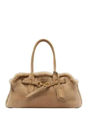Miu Miu Shearling-lined Suede Tote - Beige