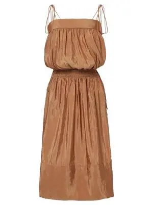 Saint Laurent Shirred Chiffon Satin Midi Dress - Brown
