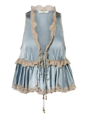 Chloé Chloé Lace-Trimmed Silk Satin Top Blue