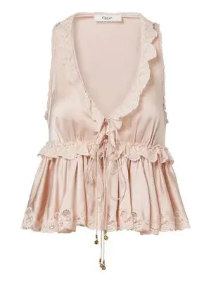 Chloé Chloé Lace-Trimmed Silk Satin Top Pink