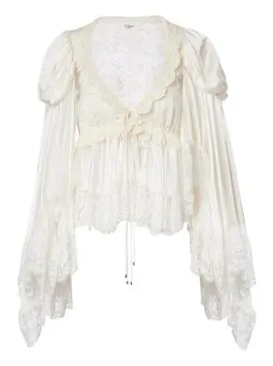 Chloé Chloé Lace-Trimmed Silk Satin Top White