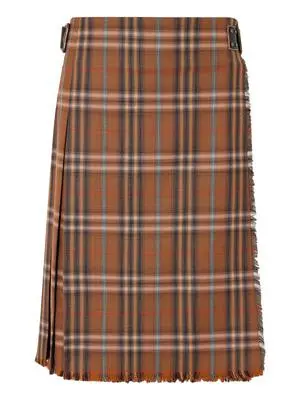 Burberry Belted Frayed Checked Wool Skirt - Brown