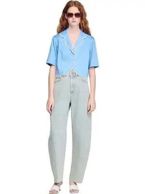Sandro Cotton Shirt With Beaded Trim - Blue