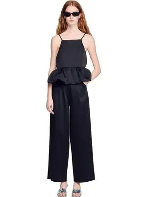 Sandro Fitted Crop Top With Ruffle - Black