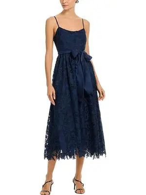 Aqua Lace Belted Midi Dress - Navy