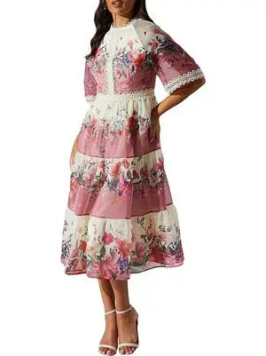 Coast Organza Floral Tiered Lace Trim Dress - Multi