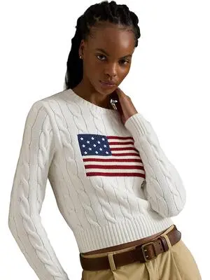 Ralph Lauren Flag Cable-knit Cropped Cotton Sweater - Ceramic White