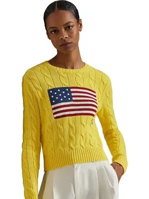 Ralph Lauren Flag Cable-knit Cropped Cotton Sweater - Lemon Crush