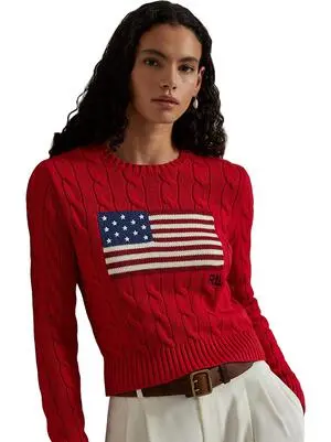 Ralph Lauren Flag Cable-knit Cropped Cotton Sweater - Rl Red
