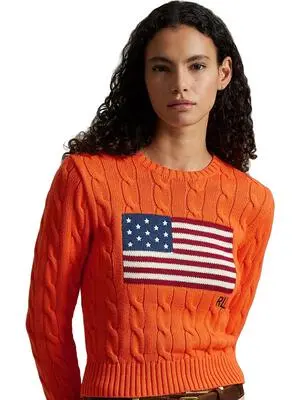 Ralph Lauren Flag Cable-knit Cropped Cotton Sweater - Sailing Orange