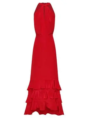 ANDRES OTALORA Halterneck Silk Crepe De Chine Maxi Dress With Ruffled Hem - Red