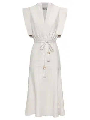 ANDRES OTALORA Belted Cotton-jacquard Midi Dress - Ivory