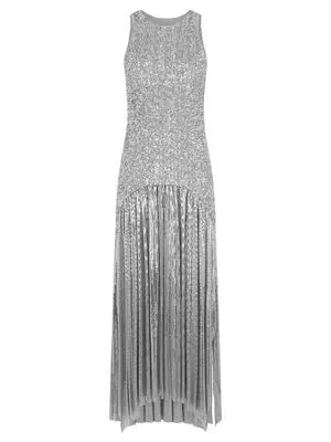 Rabanne Sequined Mesh Maxi Dress With Fringe Detail - Silver