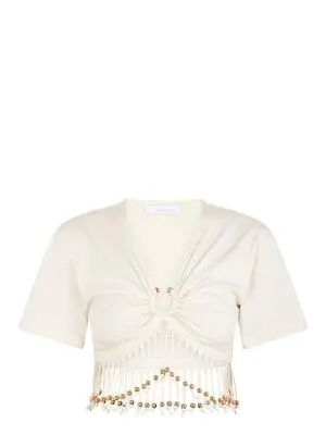 Rabanne Beaded Cotton Cropped T-shirt - Ivory