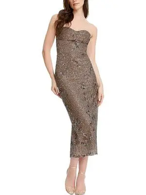 Dress The Population Strapless Sweetheart Tea Length Dress - Bronze Multi