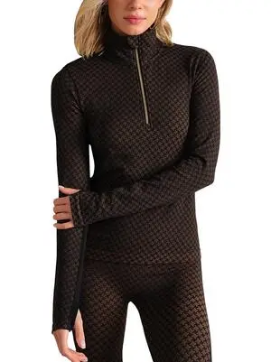 RHONE Apres Houndstooth Seamless Quarter Zip Top - Chestnut Brown Houndstooth