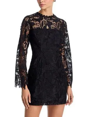 Aqua Ido Long Sleeve Lace Mini Dress - Black