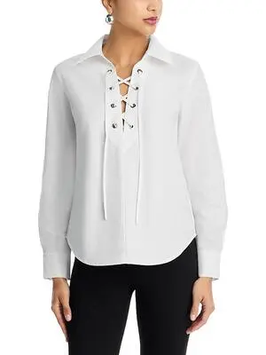 Aqua Poplin Lace Up Long Sleeved Top - White