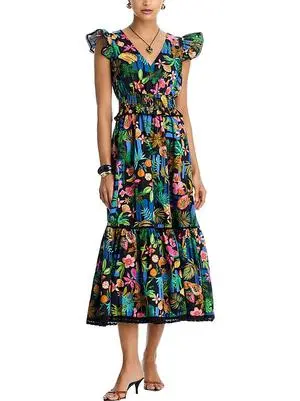 Aqua Tropical Ruffle Sleeve V-neck Midi Dress - Black Multi