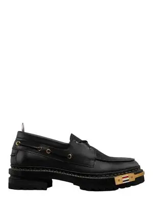 Thom Browne Leather Boat Shoes With Gold-tone Hardware And Brogue Detailing - Black