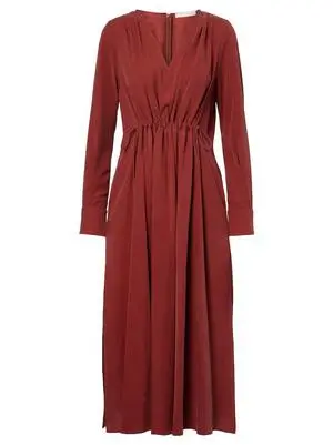 Max Mara Full Gathered Silk Canvas Midi Dress - Brown