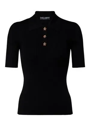 Dolce & Gabbana Embellished Ribbed-knit Polo Shirt - Black
