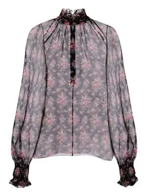 Dolce & Gabbana Floral Ruffled Sheer Silk Blouse - Black