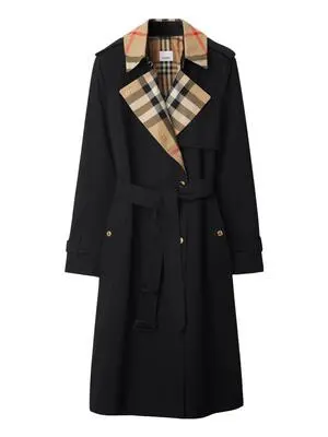 Burberry Long Check Collar Gabardine Trench Coat - Black
